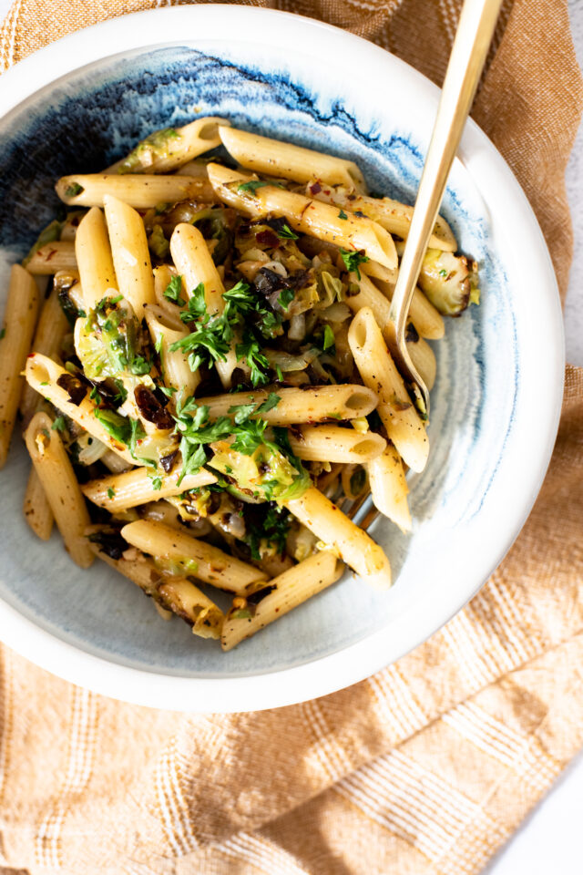 Penne with Crispy Brussels Sprouts - This Savory Vegan