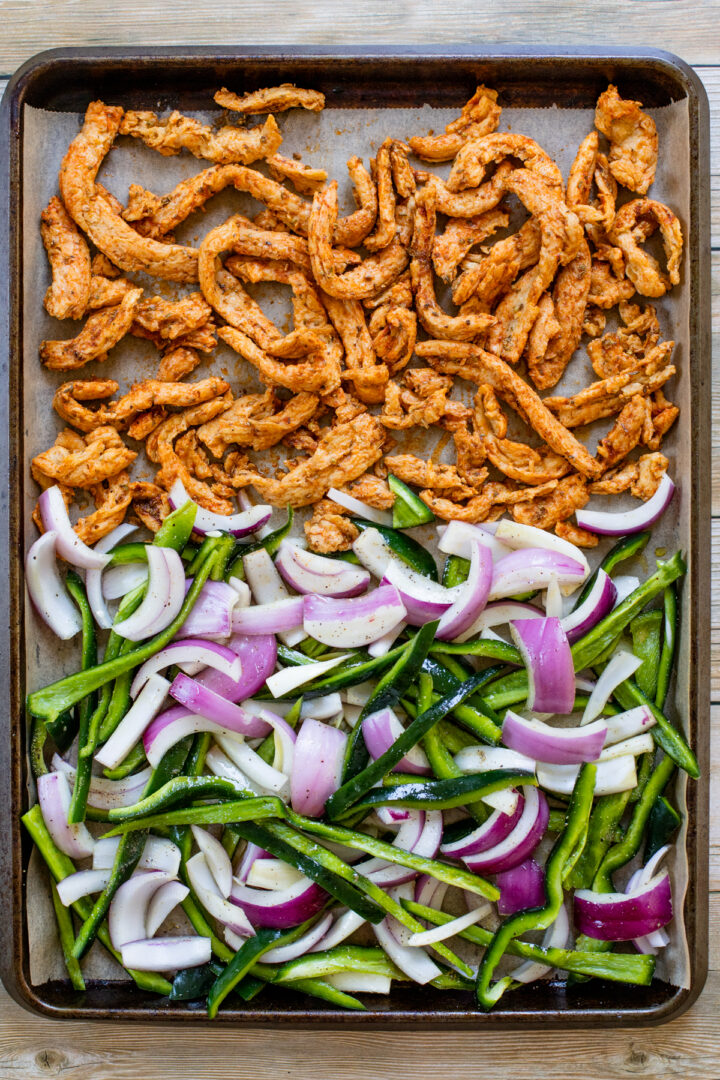 Sheet Pan Soy Curl Poblano Fajitas - This Savory Vegan