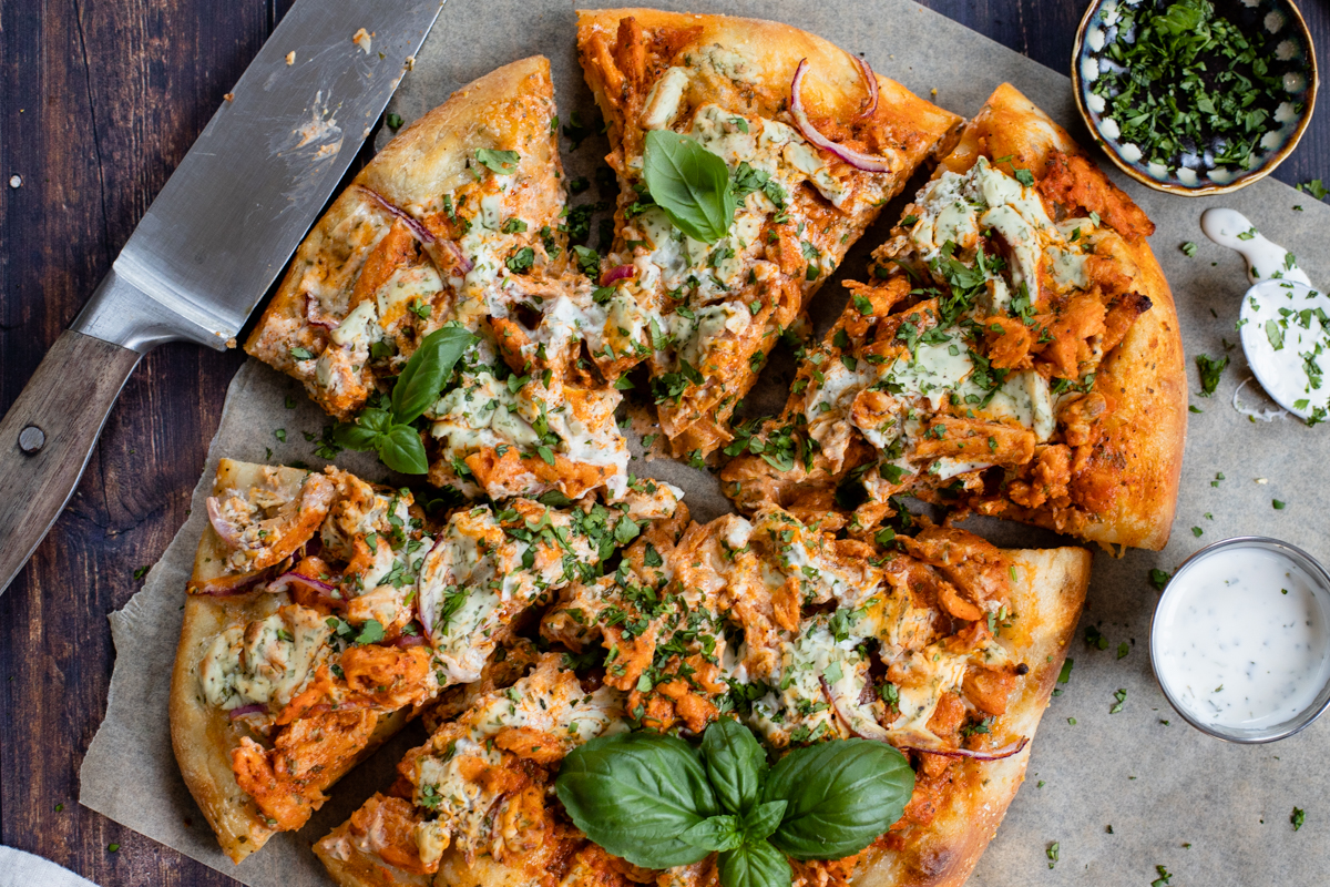 Buffalo Soy Curl Pizza - This Savory Vegan